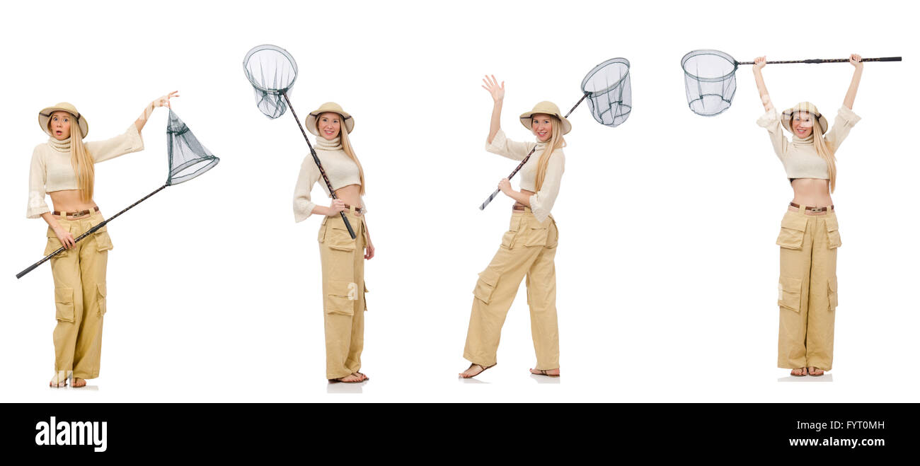 Woman with catching net on white Stock Photo - Alamy