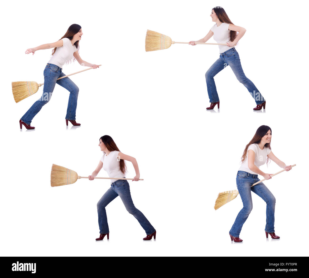 Woman with broom isolated on white Stock Photo - Alamy