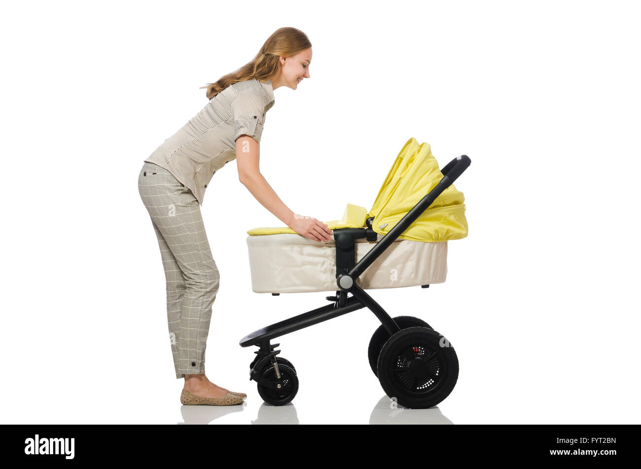 The woman with baby and pram isolated on white Stock Photo - Alamy