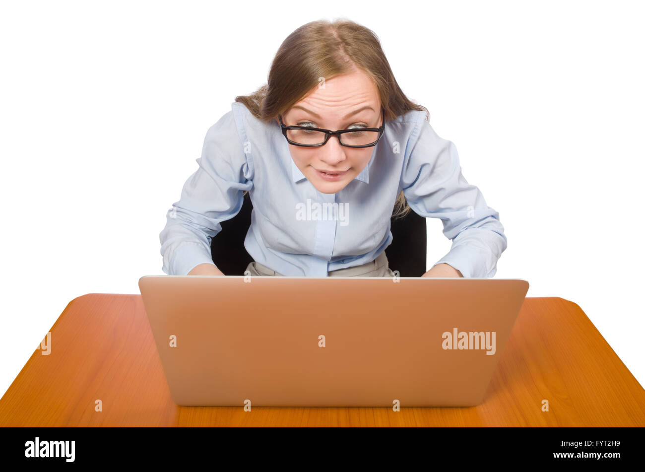 The office employee at work table isolated on white Stock Photo - Alamy
