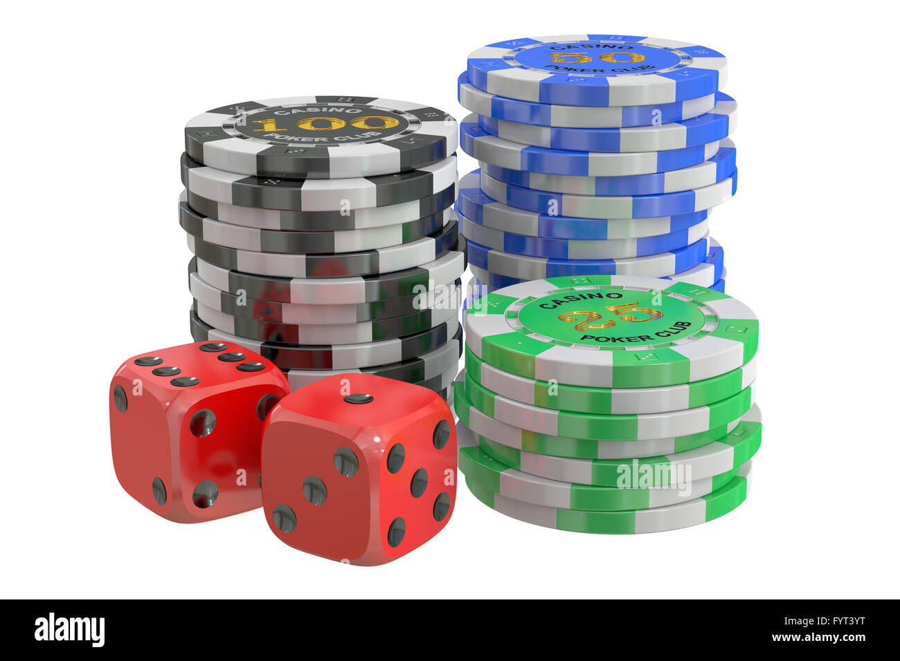 casino chips and dice, 3D rendering isolated on white background Stock ...