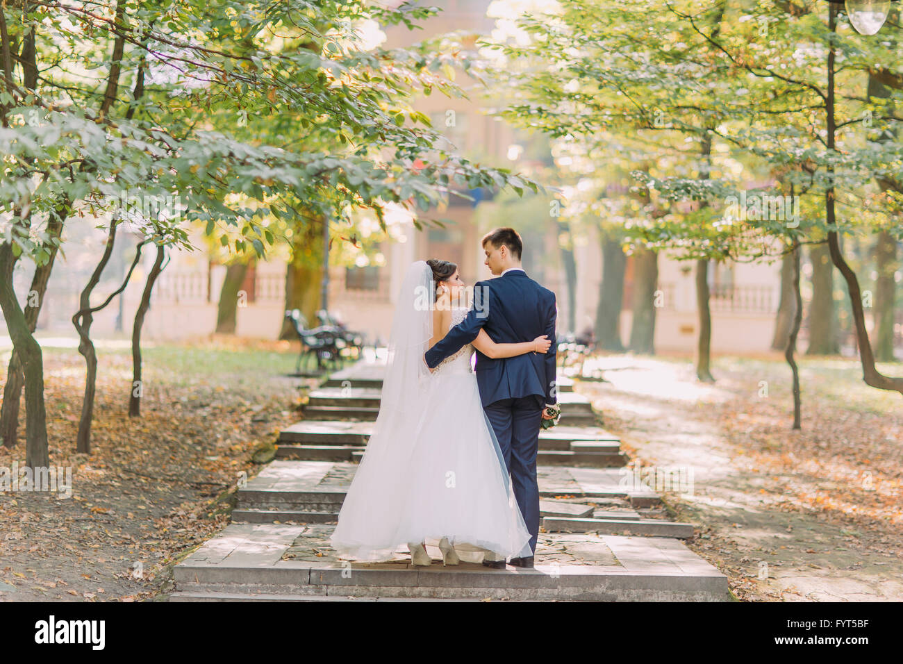 Newly wedded couple walking embracing in the park Stock Photo - Alamy