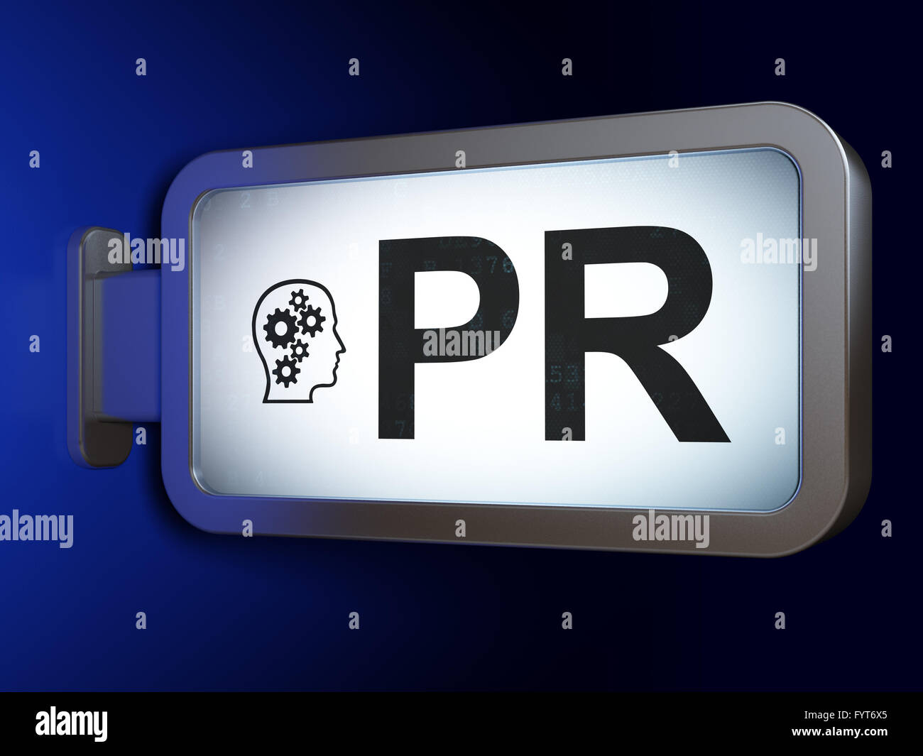 Marketing concept: PR and Head With Gears on billboard background Stock ...