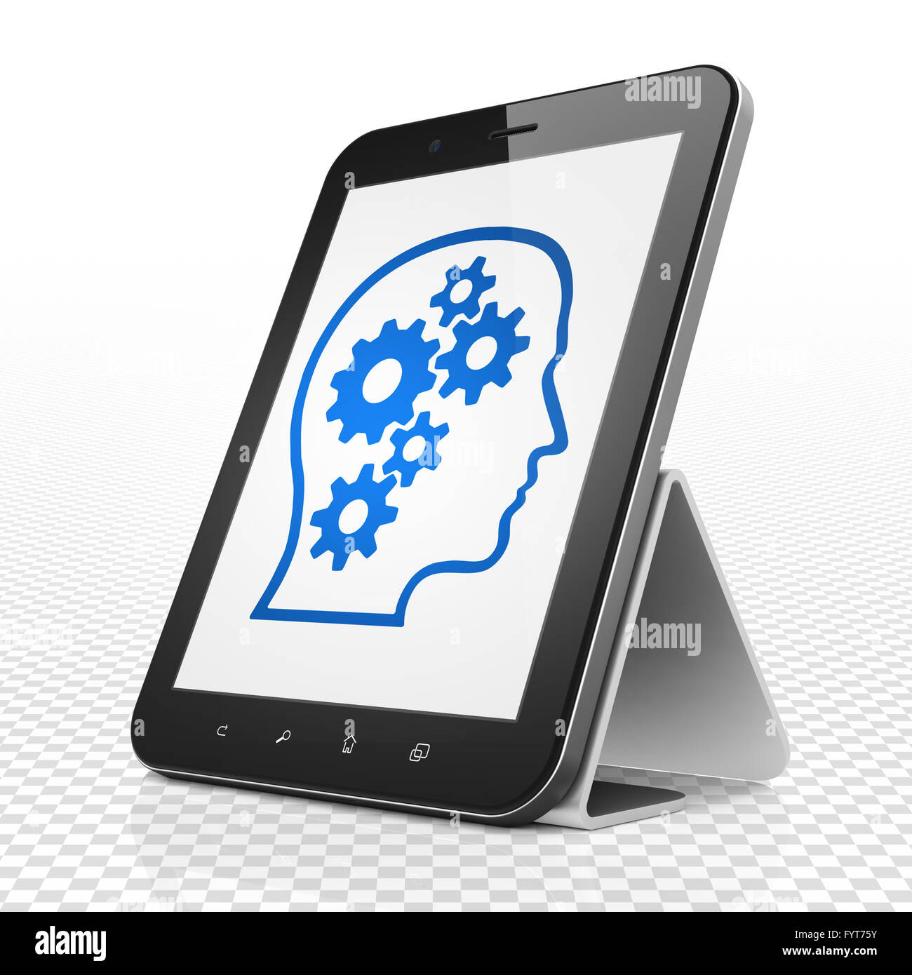 Learning concept: Tablet Computer with Head With Gears on display Stock ...