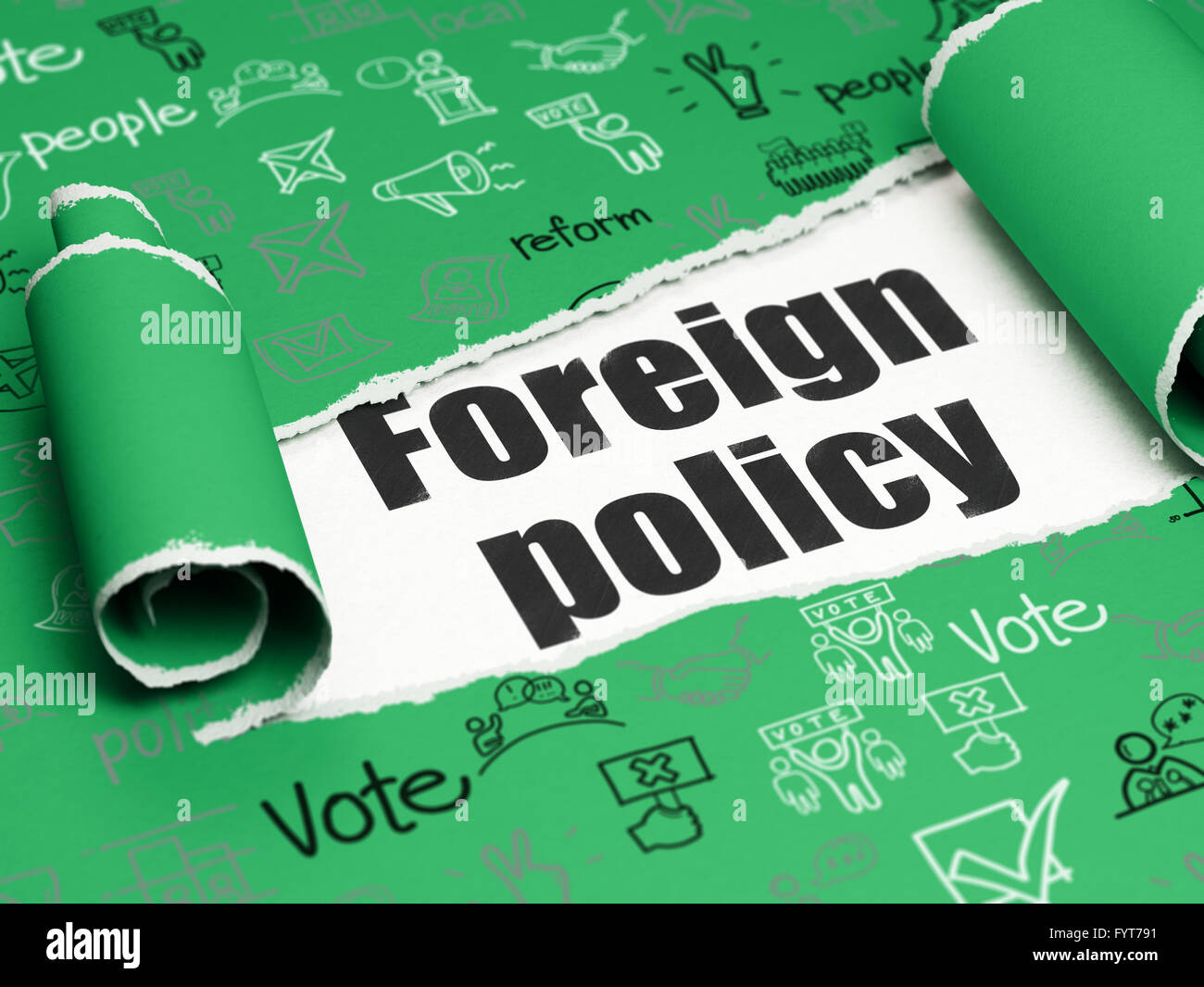 Political concept: black text Foreign Policy under the piece of torn ...