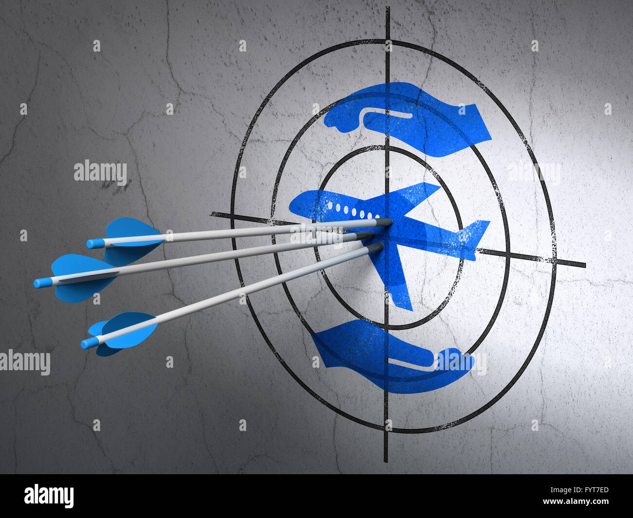 Insurance concept: arrows in Airplane And Palm target on wall ...