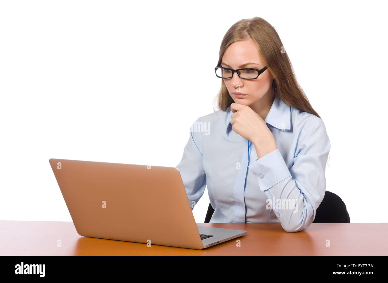 Office employee at work table with laptop isolated on white Stock Photo ...