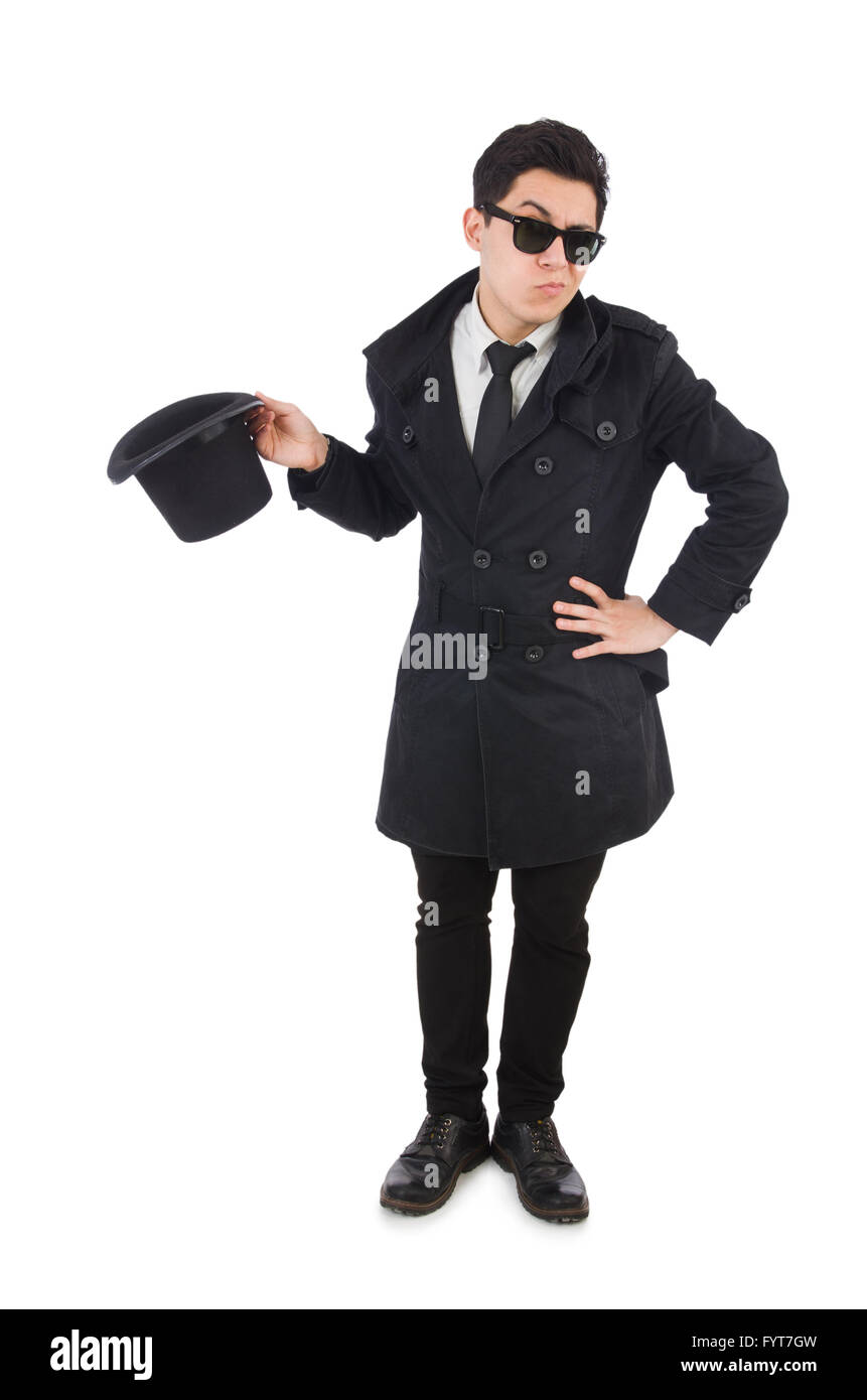 Young detective in black coat isolated on white Stock Photo - Alamy
