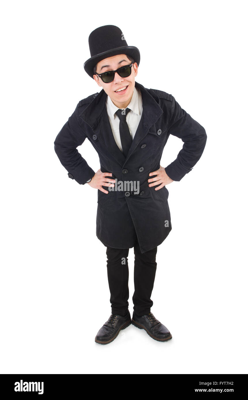 Young detective in black coat isolated on white Stock Photo - Alamy