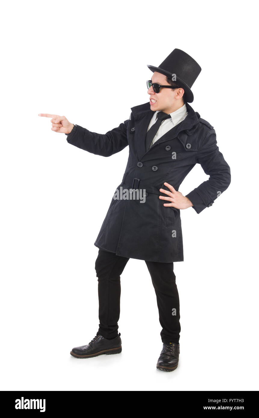 Young detective in black coat isolated on white Stock Photo - Alamy