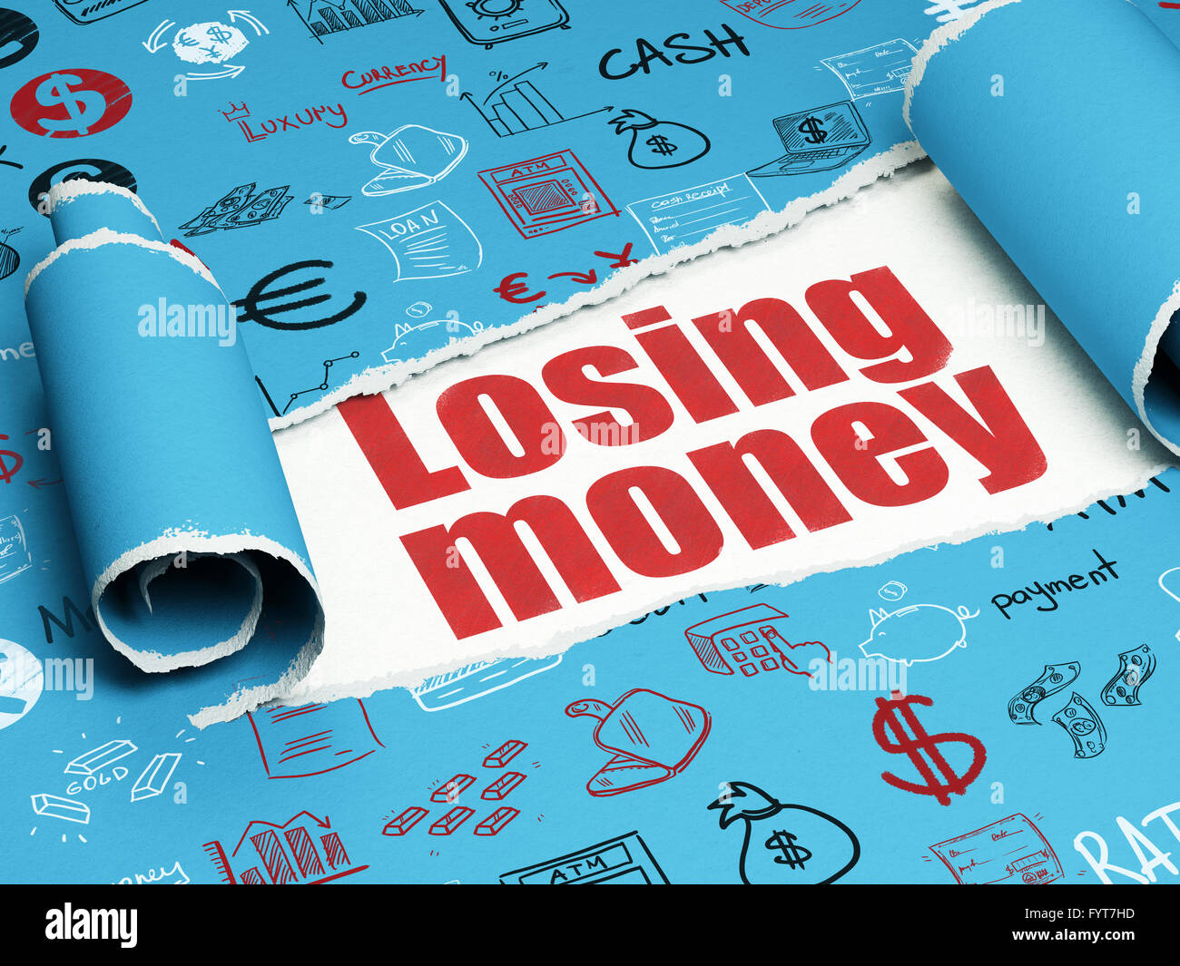 Banking concept: red text Losing Money under the piece of torn paper ...