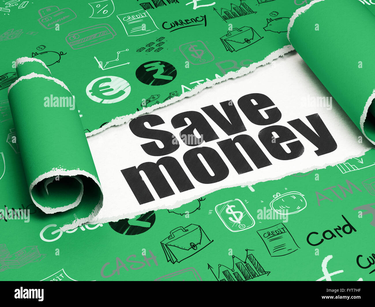 Currency concept: black text Save Money under the piece of torn paper ...