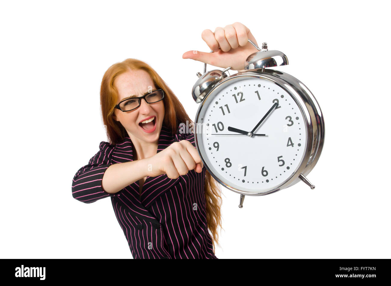Pretty office employee with alarm clock isolated on white Stock Photo ...