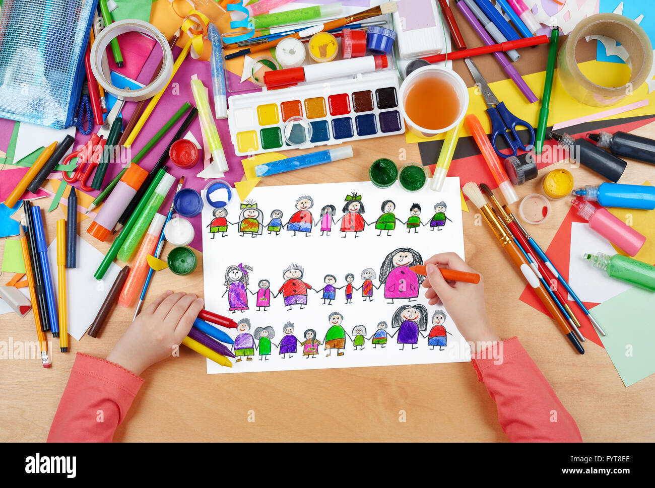 Child drawing cute happy cartoon people in row hi-res stock photography ...