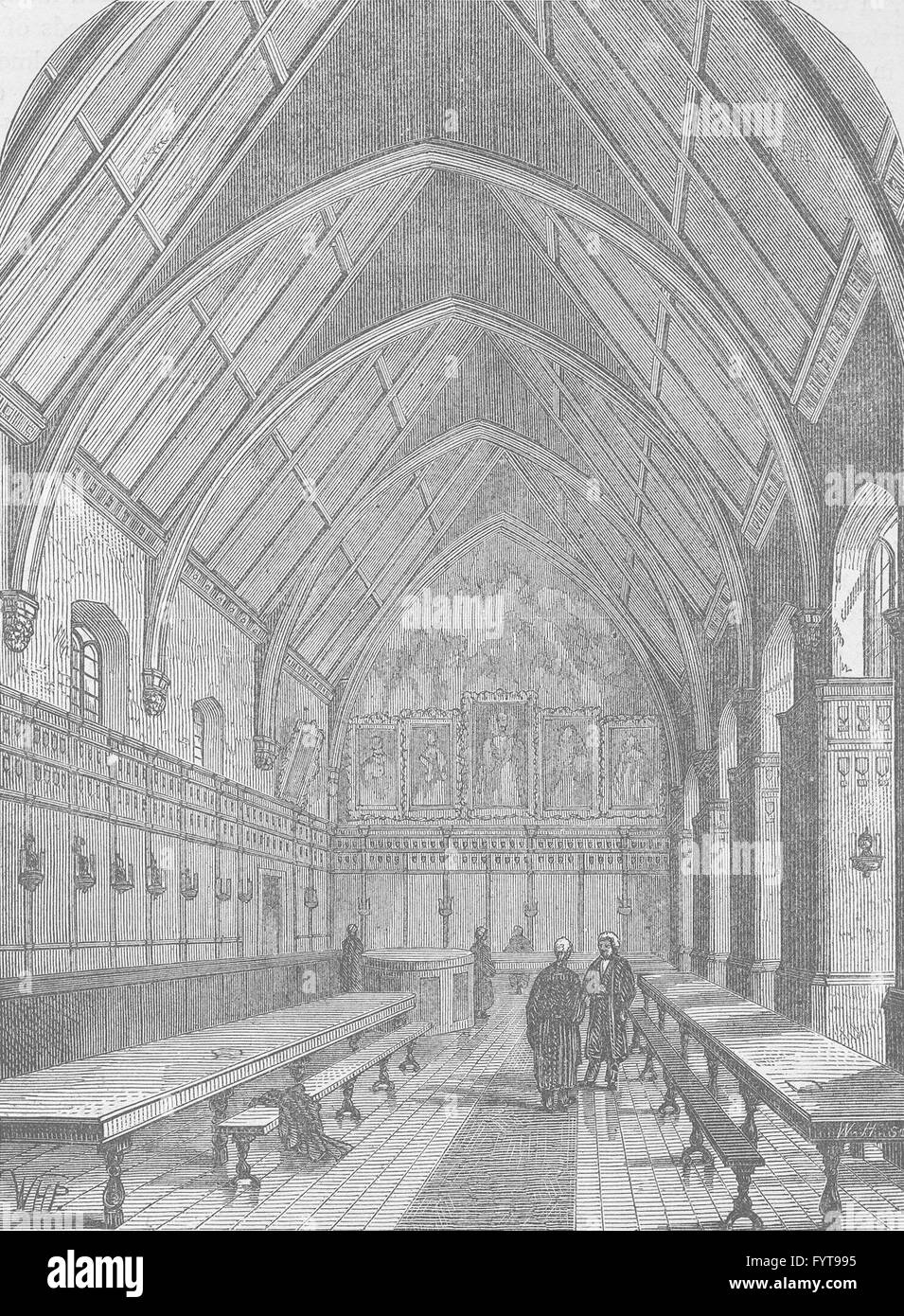 THE TEMPLE CHURCH: The old Hall of the inner Temple. London, old print ...
