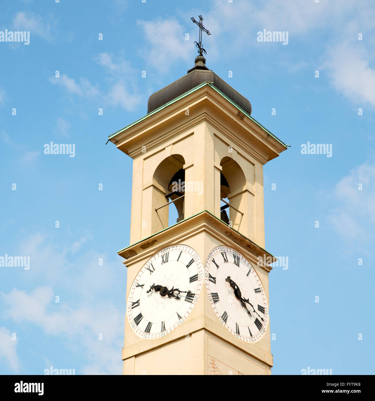 ancien clock tower in italy europe old stone and bell Stock Photo - Alamy