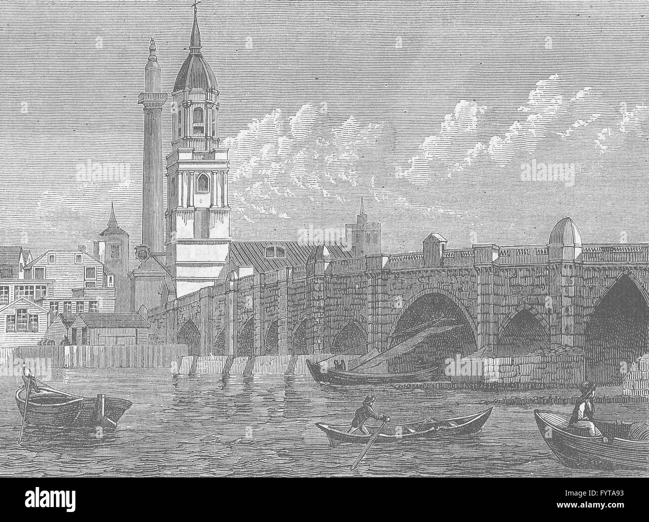 LONDON BRIDGE: London Bridge in 1796, antique print c1880 Stock Photo ...