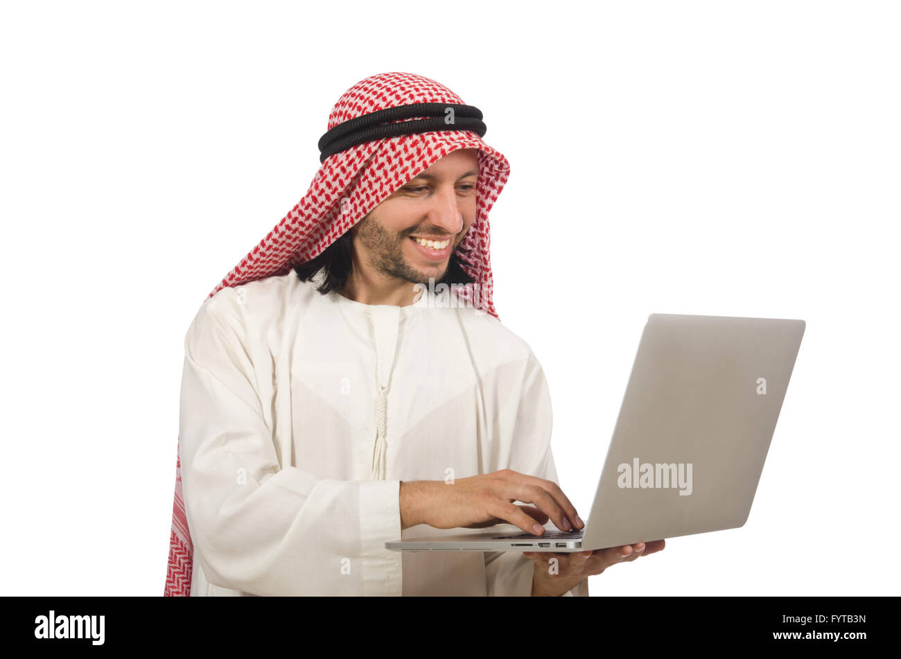 Arab man with laptop isolated on white Stock Photo - Alamy