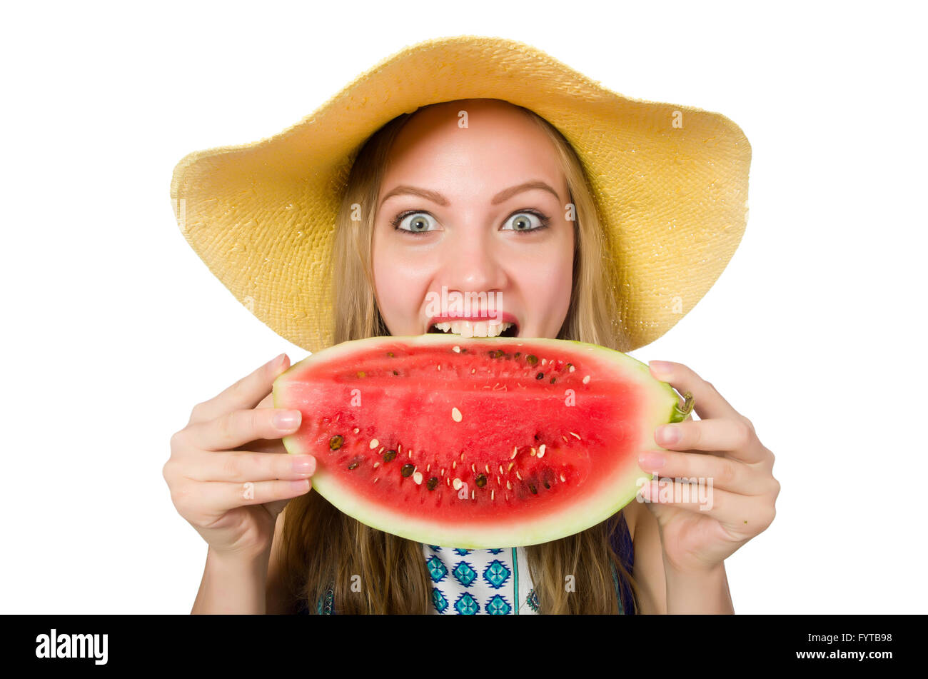 Woman with watermelon isolated on white Stock Photo - Alamy