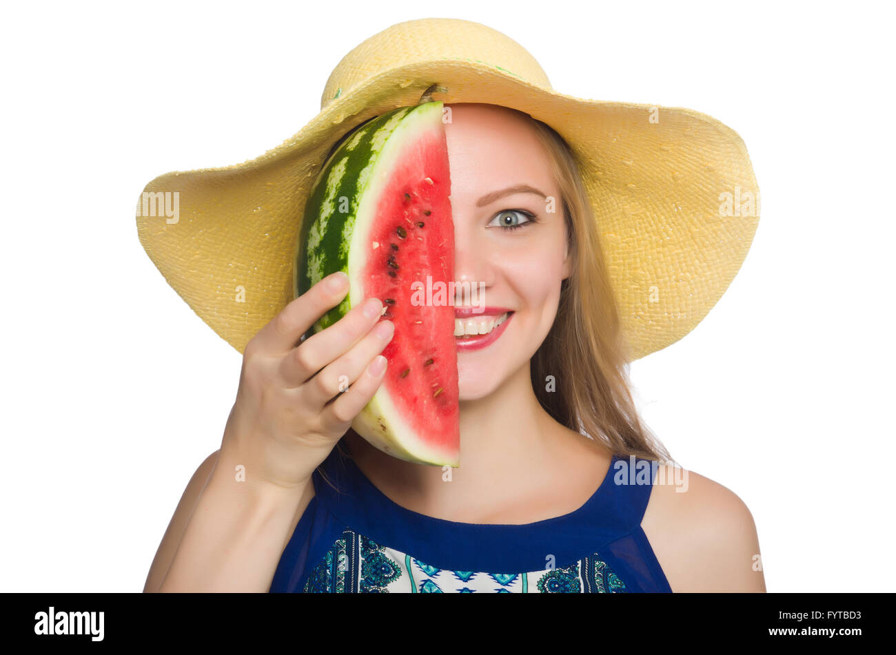 Woman with watermelon isolated on white Stock Photo - Alamy