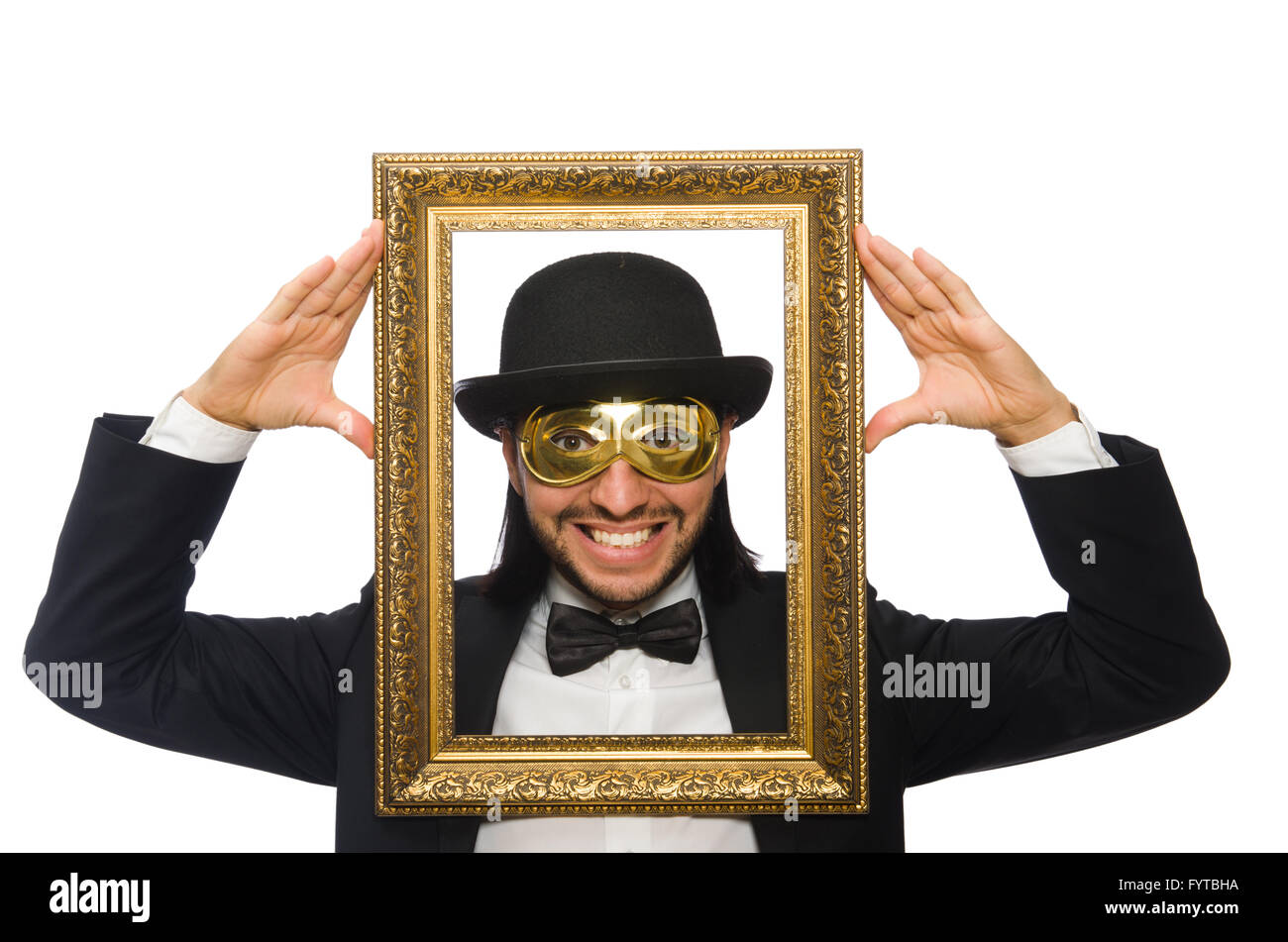 Funny man with picture frame on white Stock Photo - Alamy