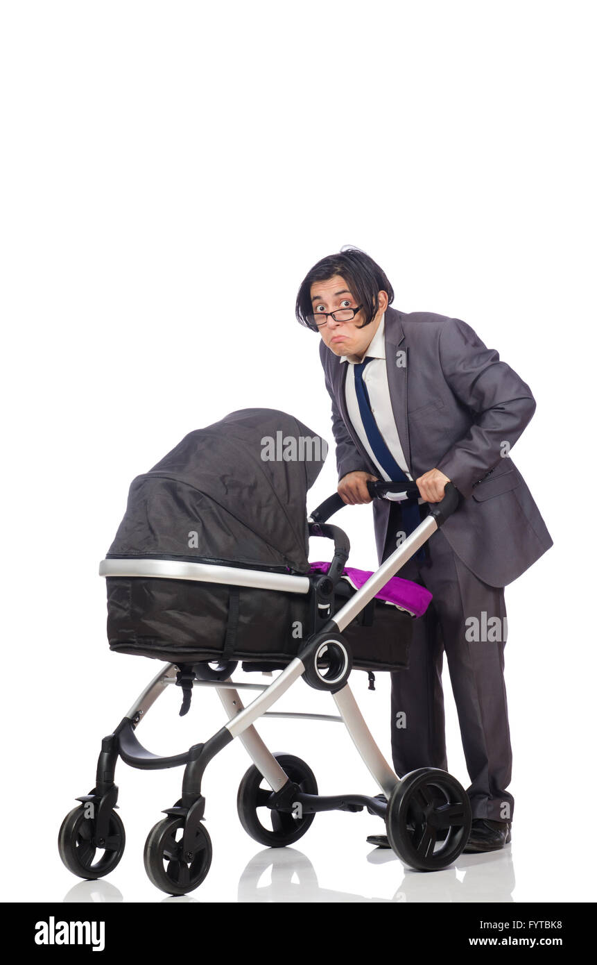 Funny dad with baby and pram on white Stock Photo - Alamy