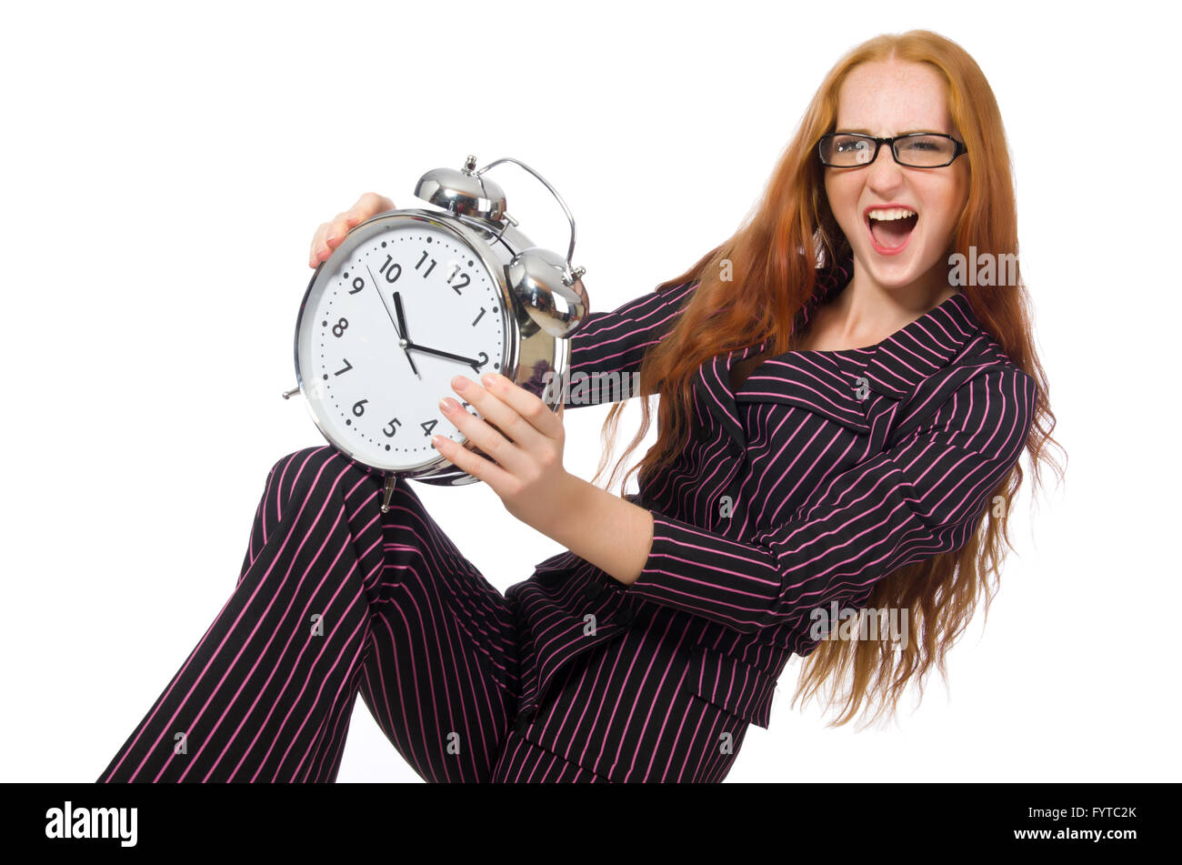 Pretty office employee with alarm clock isolated on white Stock Photo ...