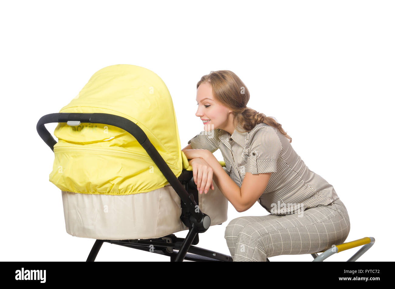Woman with pram isolated on white Stock Photo - Alamy