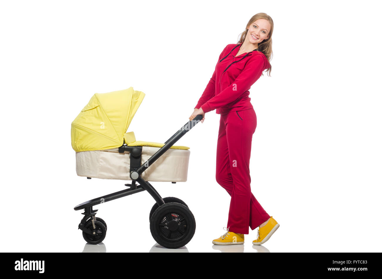 Woman with pram isolated on white Stock Photo - Alamy