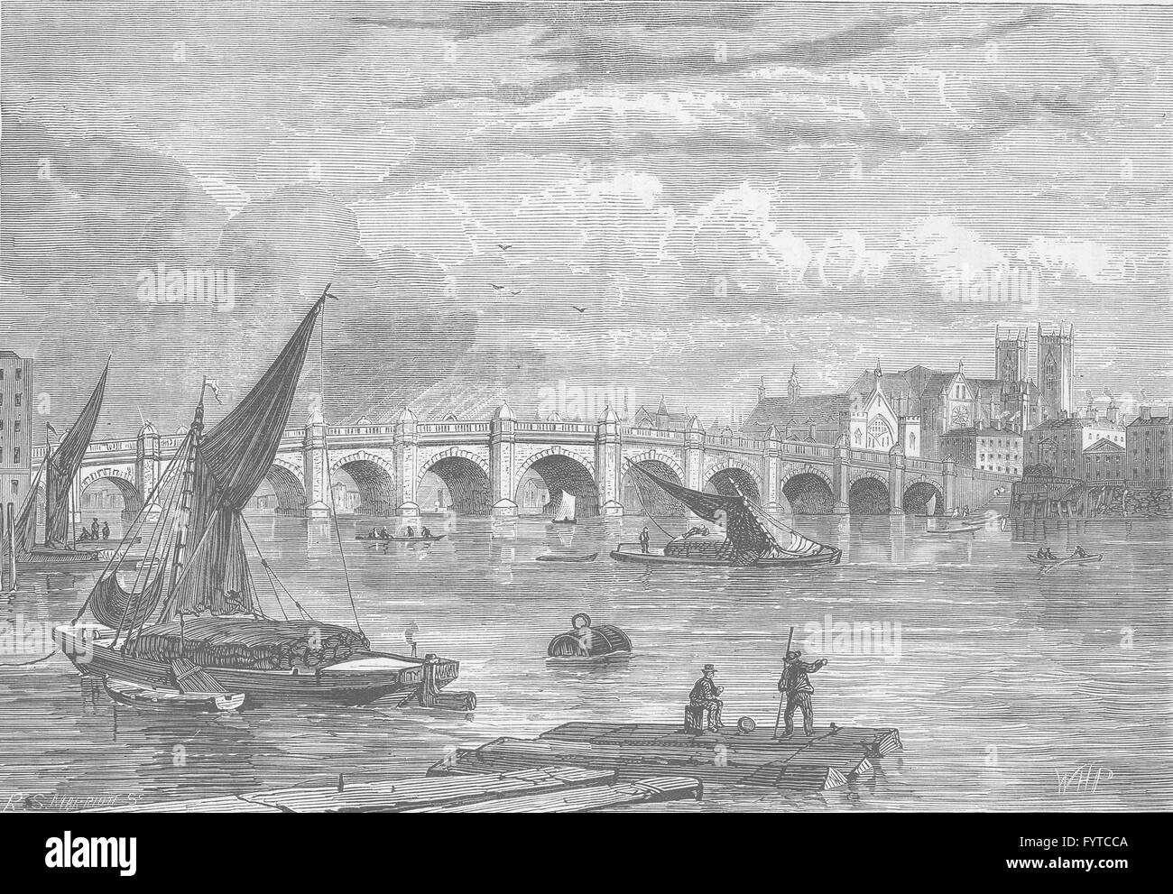 THE RIVER THAMES: Old Westminster Bridge in 1754. London, antique print ...