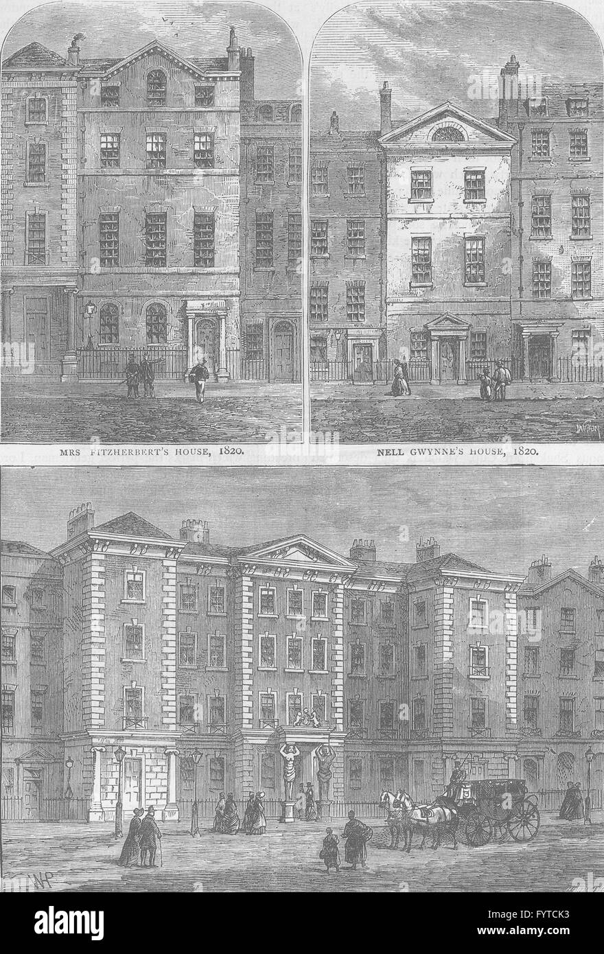 PALL MALL: Houses of Mrs. Fitzherbert, Nell Gwynne & Schomberg. 1820 ...