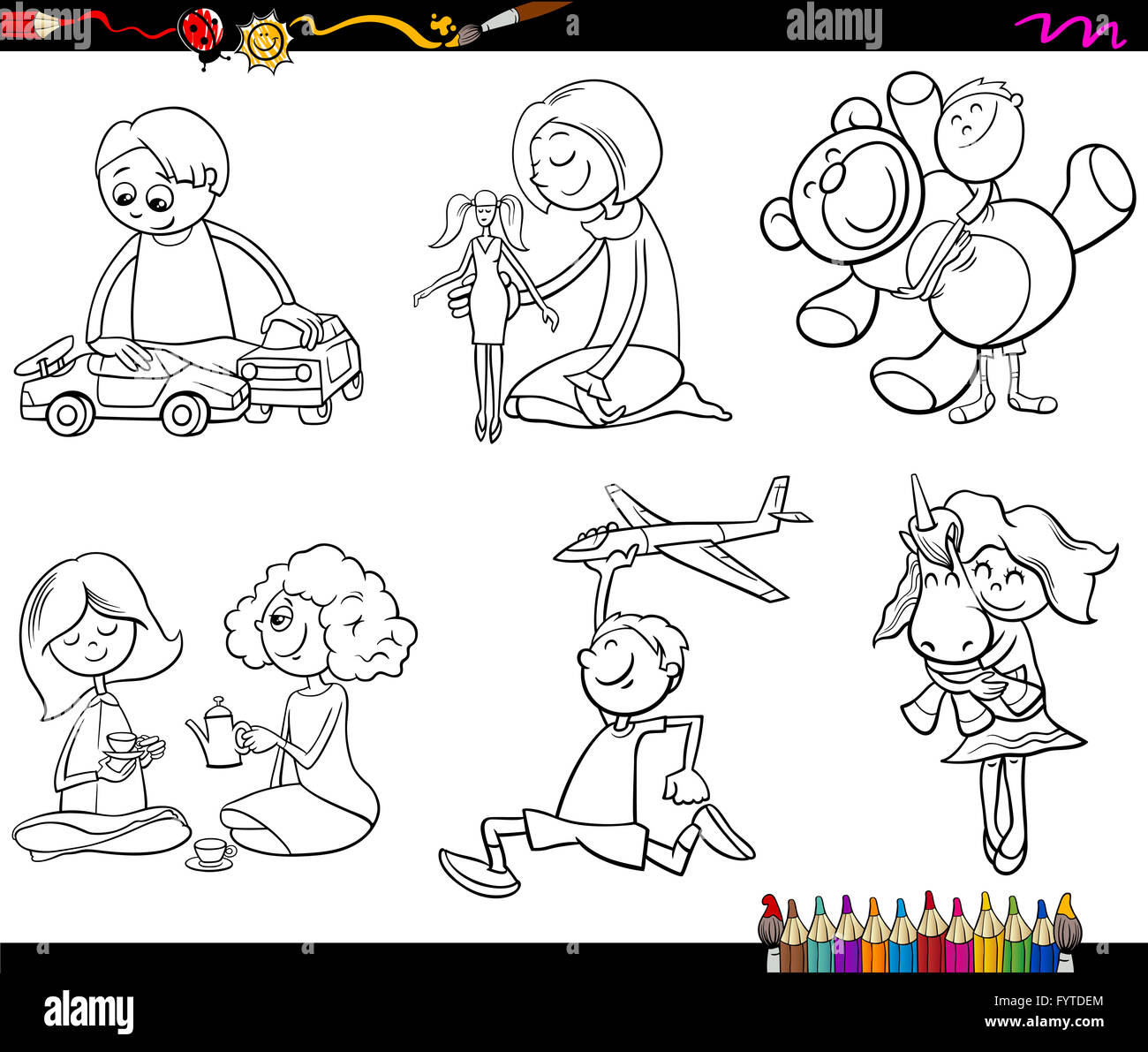 kids and toys coloring page Stock Photo - Alamy