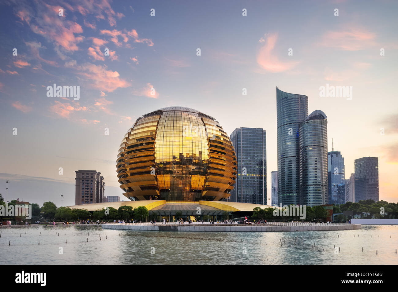 dawn skyline,water and exterior of modern buildings Stock Photo - Alamy