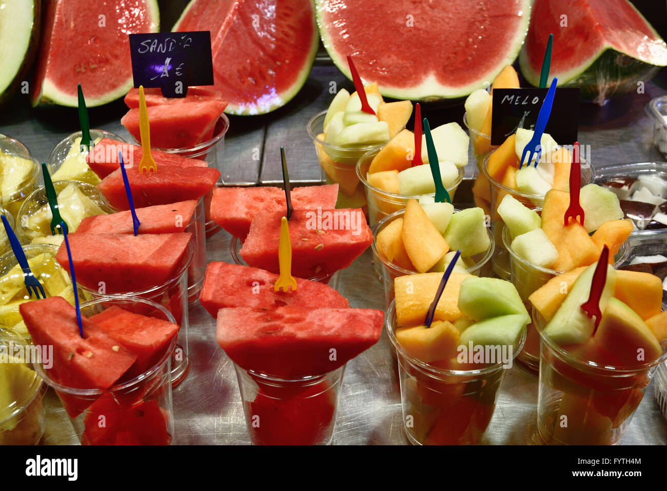 Healthy fruit salad for sale at Boqueria market, Barcelona, Catalonia ...