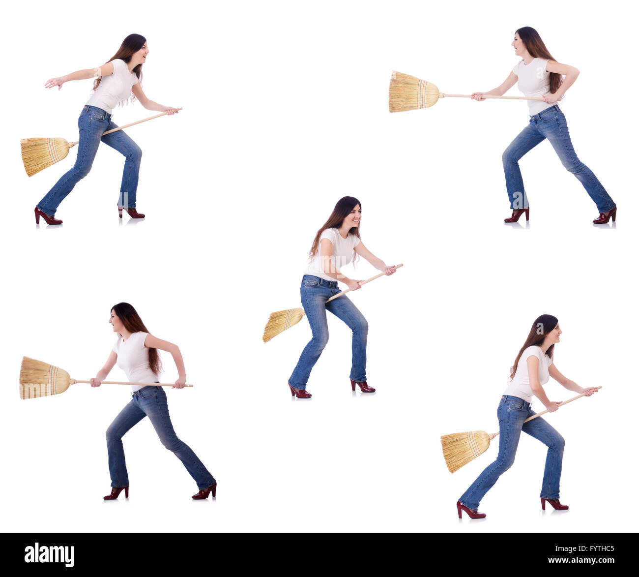 Woman with broom isolated on white Stock Photo - Alamy
