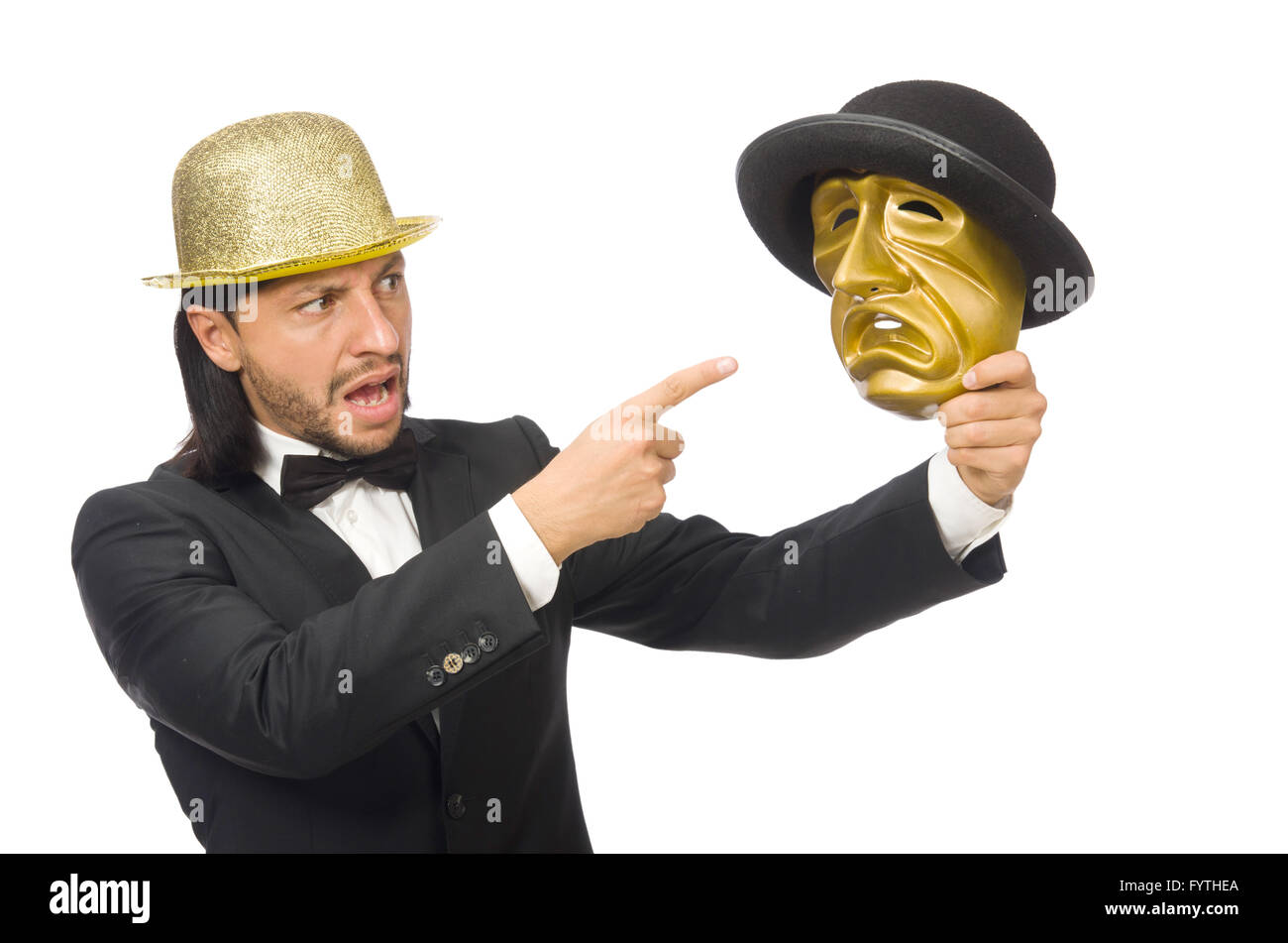 Man with theater mask isolated on white Stock Photo - Alamy
