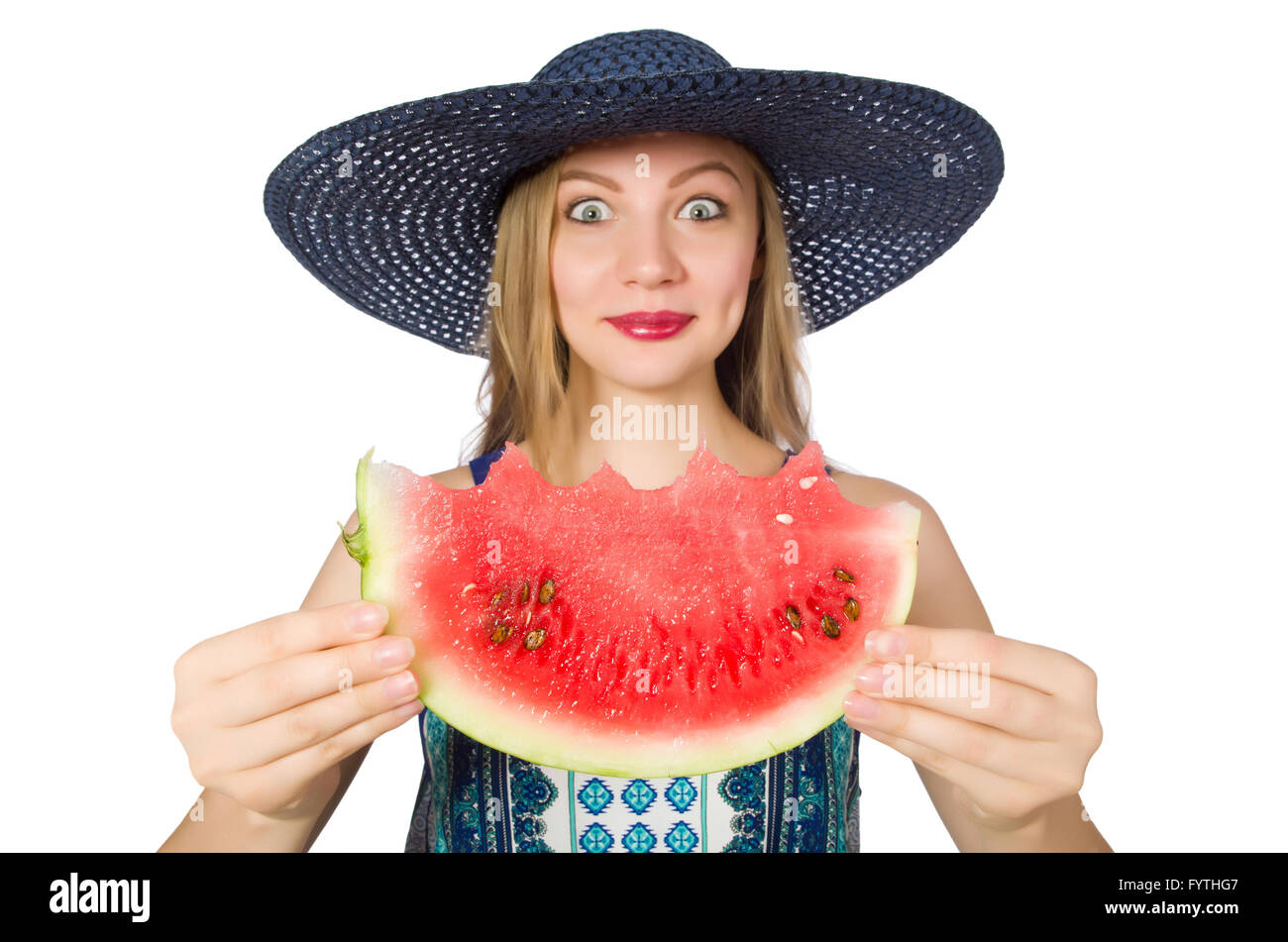 Woman with watermelon isolated on white Stock Photo - Alamy
