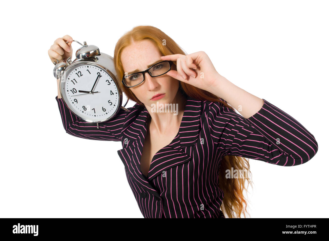 Pretty office employee with alarm clock isolated on white Stock Photo ...