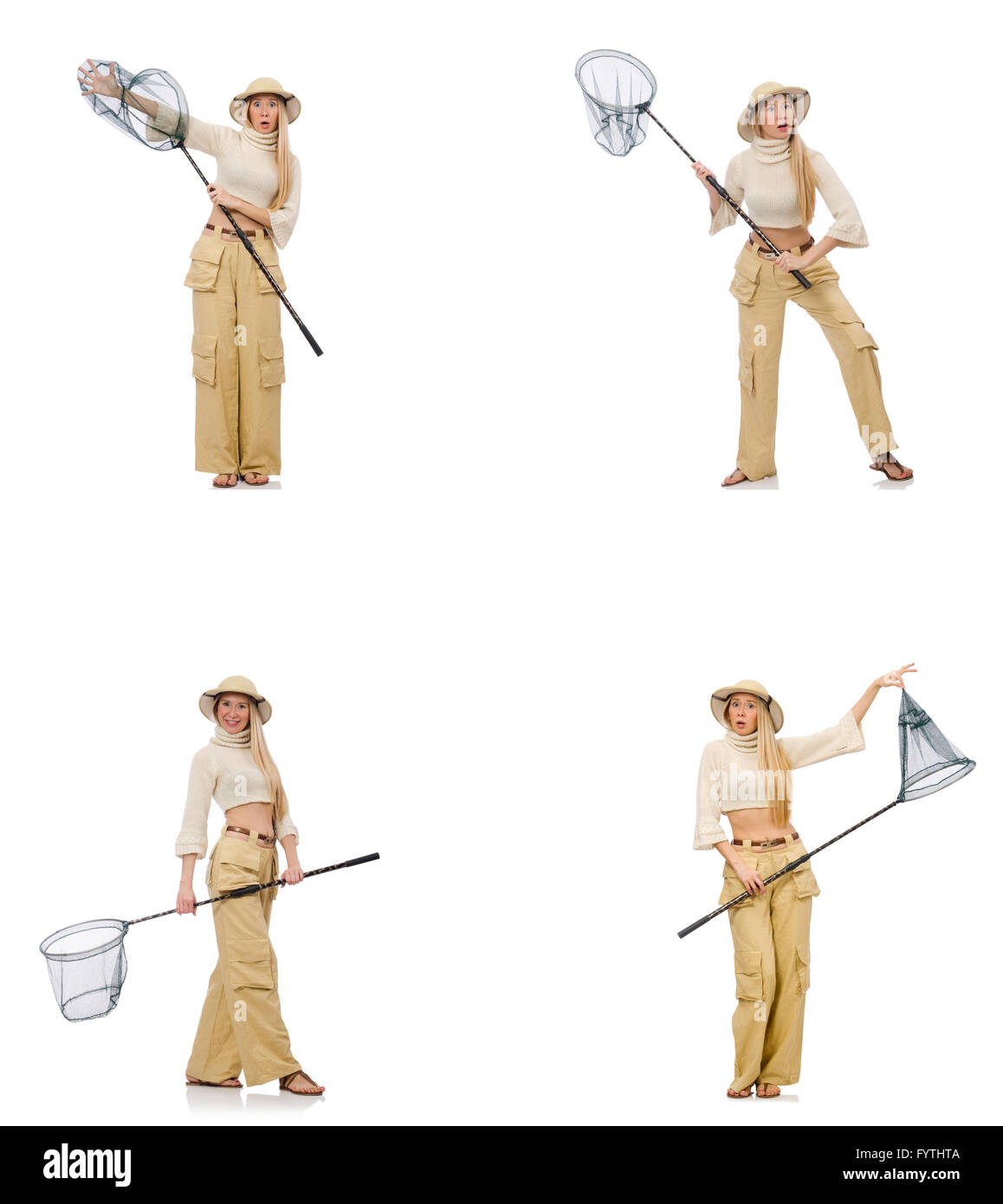 Woman with catching net on white Stock Photo - Alamy