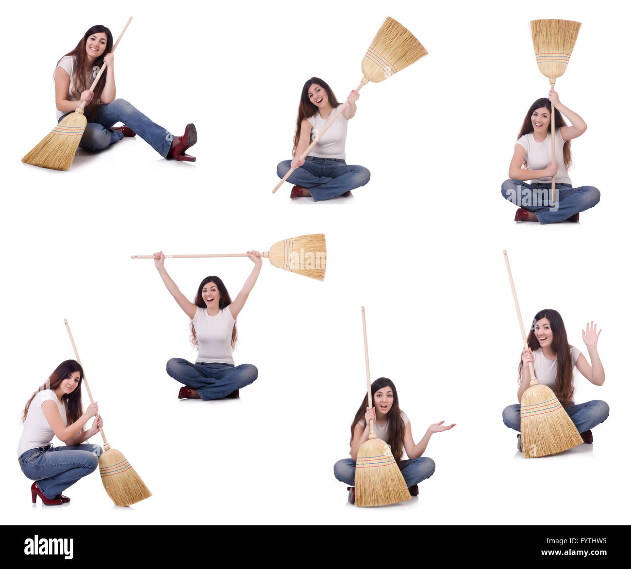 Woman with broom isolated on white Stock Photo - Alamy