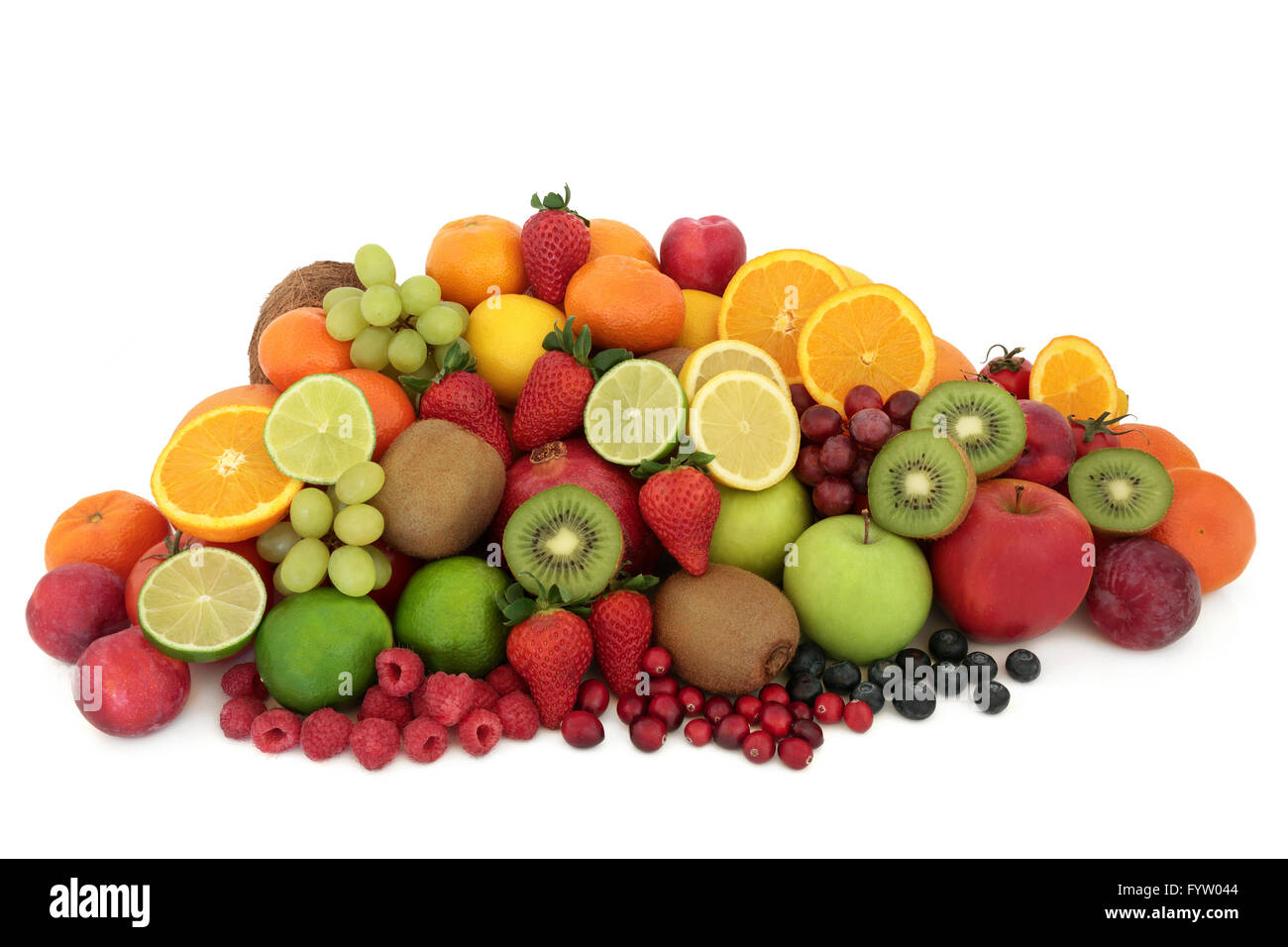 Large healthy fresh fruit selection over white background. High in ...