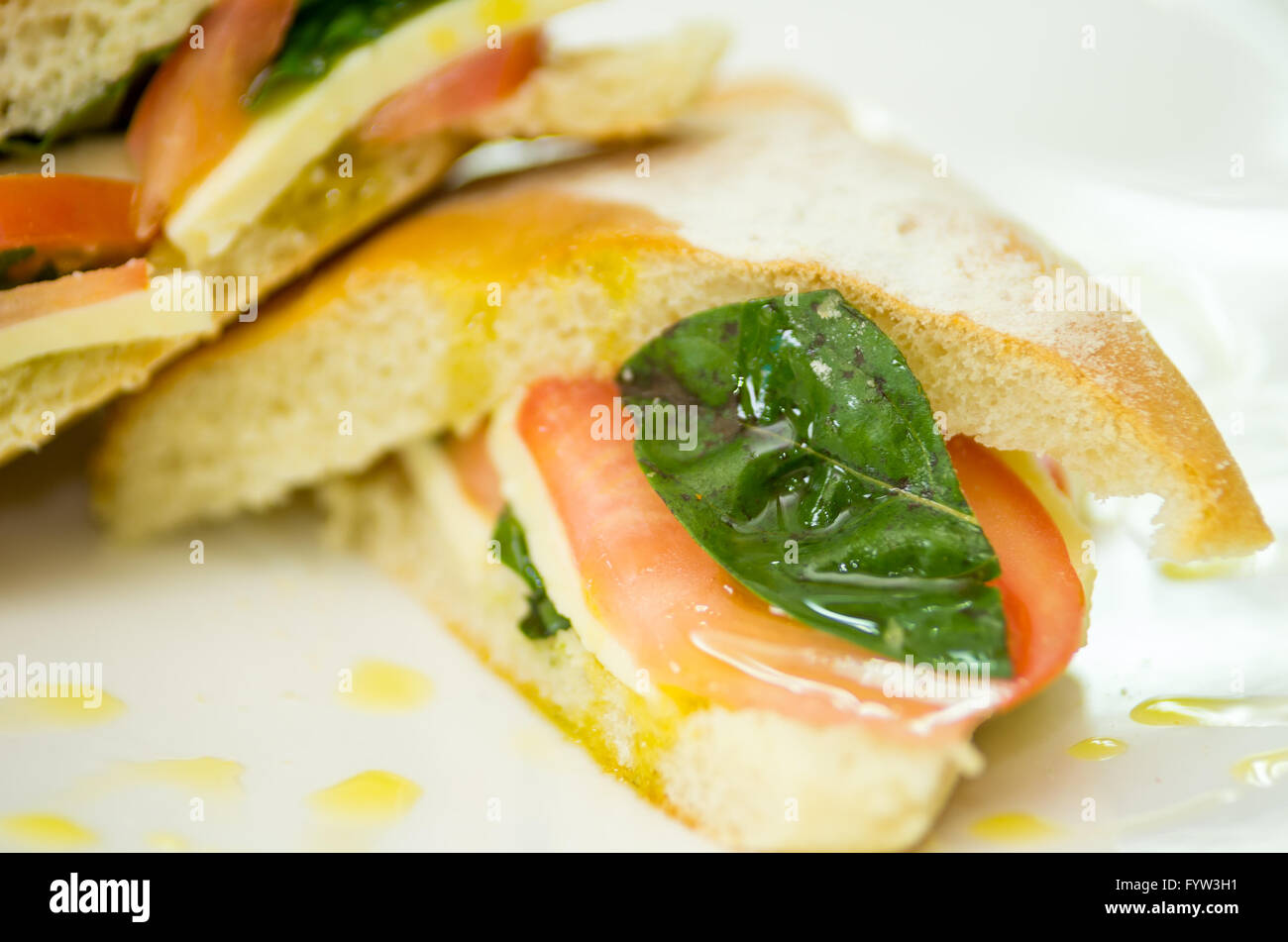 Delicious cheese, albahaca basil and tomato ciabatta sandwich on white ...