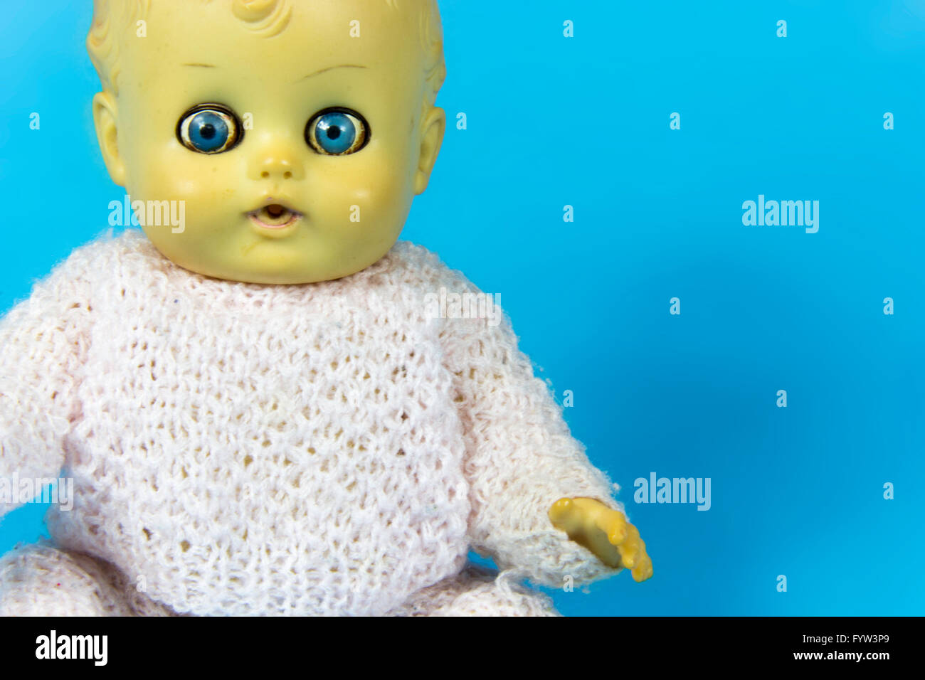 vintage doll, dolly, puppet, old toy, retro, blue background, infant ...