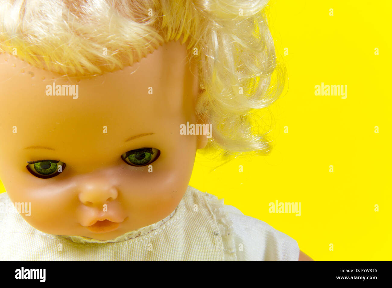 vintage doll, dolly, puppet, old toy, retro, yellow background , blue ...