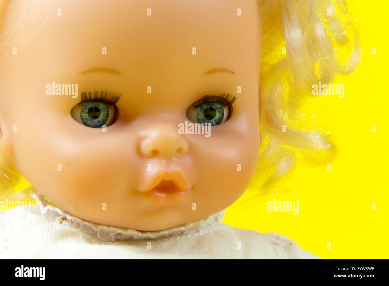 vintage doll, dolly, puppet, old toy, retro, yellow background , blue ...