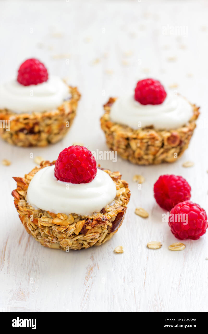 Healthy Breakfast Oatmeal Cups with Raspberries Stock Photo - Alamy