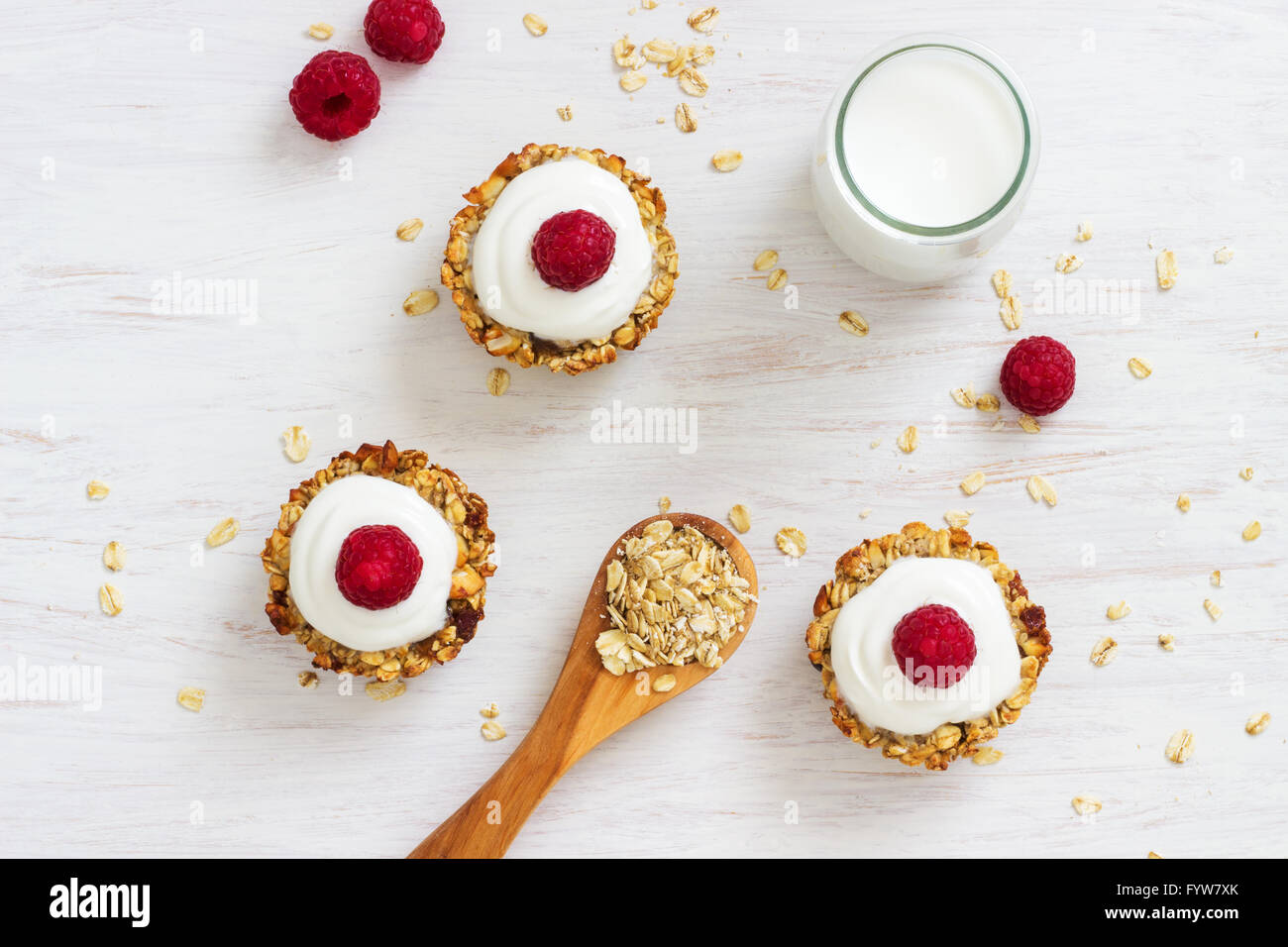 Healthy Breakfast Oatmeal Cups with Raspberries Stock Photo - Alamy