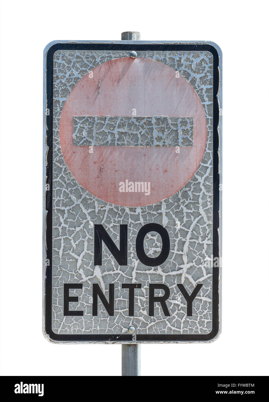 old no entry traffic sign with paint craquelure on white background ...