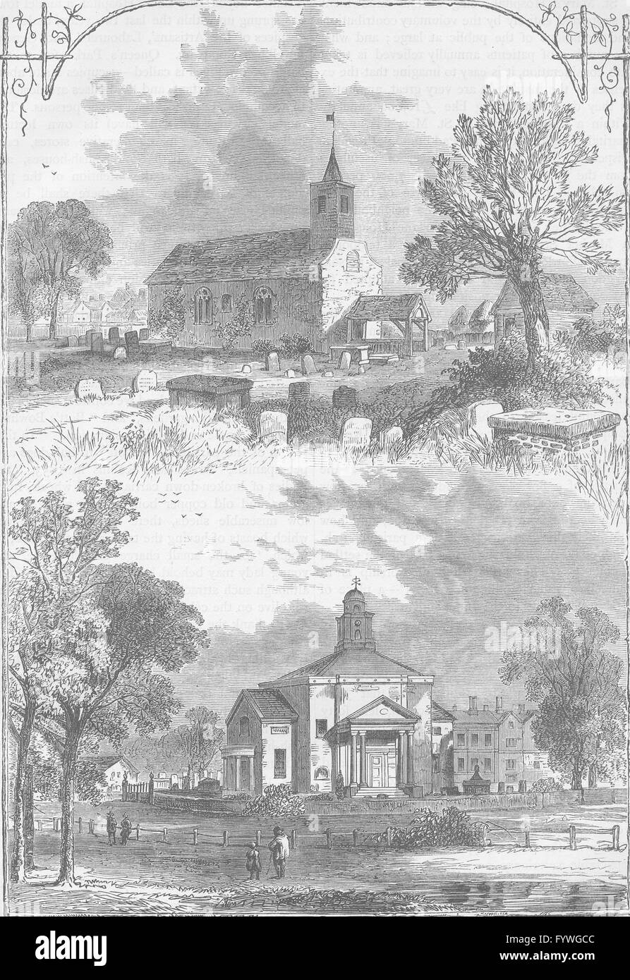 PADDINGTON: Paddington Church: 1750 and 1805. London, antique print ...
