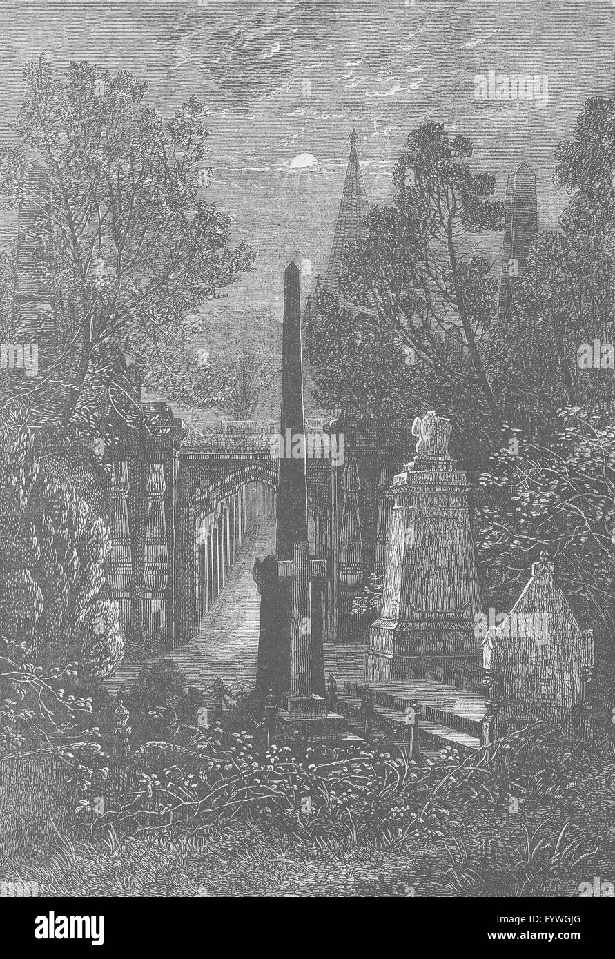 HIGHGATE: View in Highgate Cemetery. London, antique print c1880 Stock ...